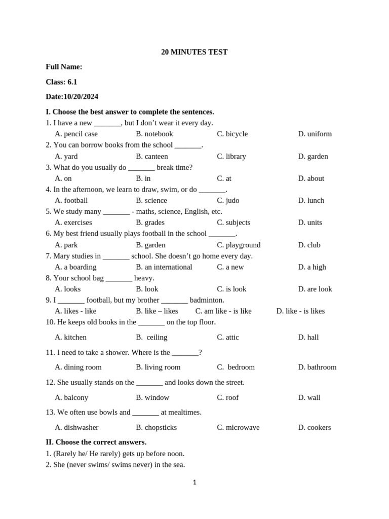 20 MINUTES TEST-g6.1 ngay 20-10-2024 | PDF