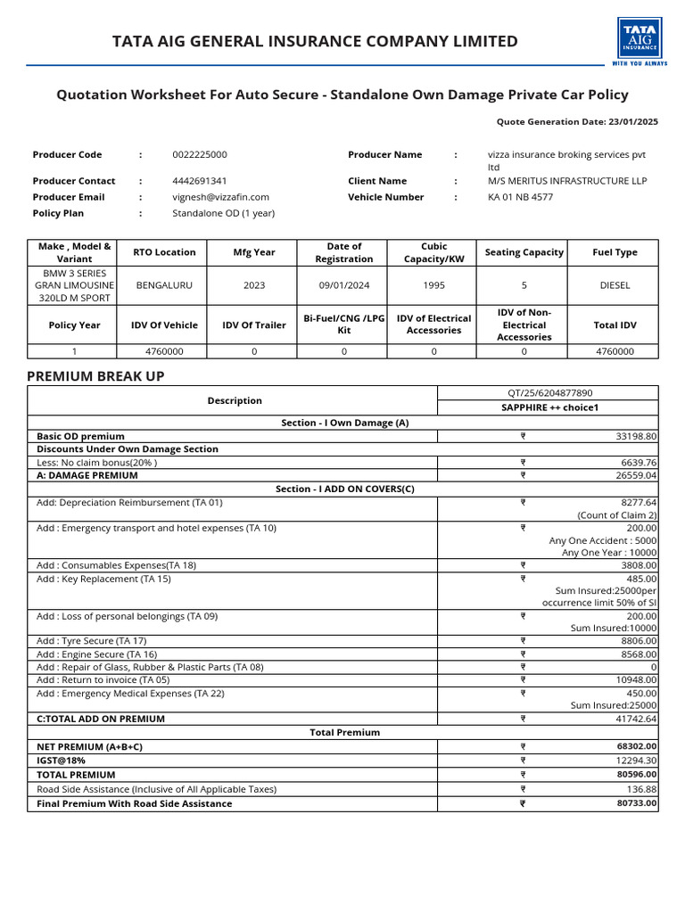 Tata AIG Motor Premium Quote - 3184 - QT - 25 - 6204877890 | PDF ...