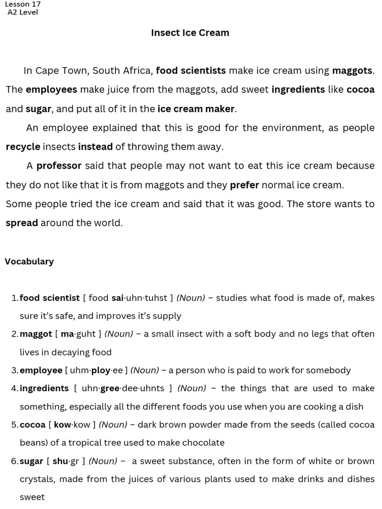 Lesson 17 Insect Ice Cream (A2) | PDF | Chocolate | Foods