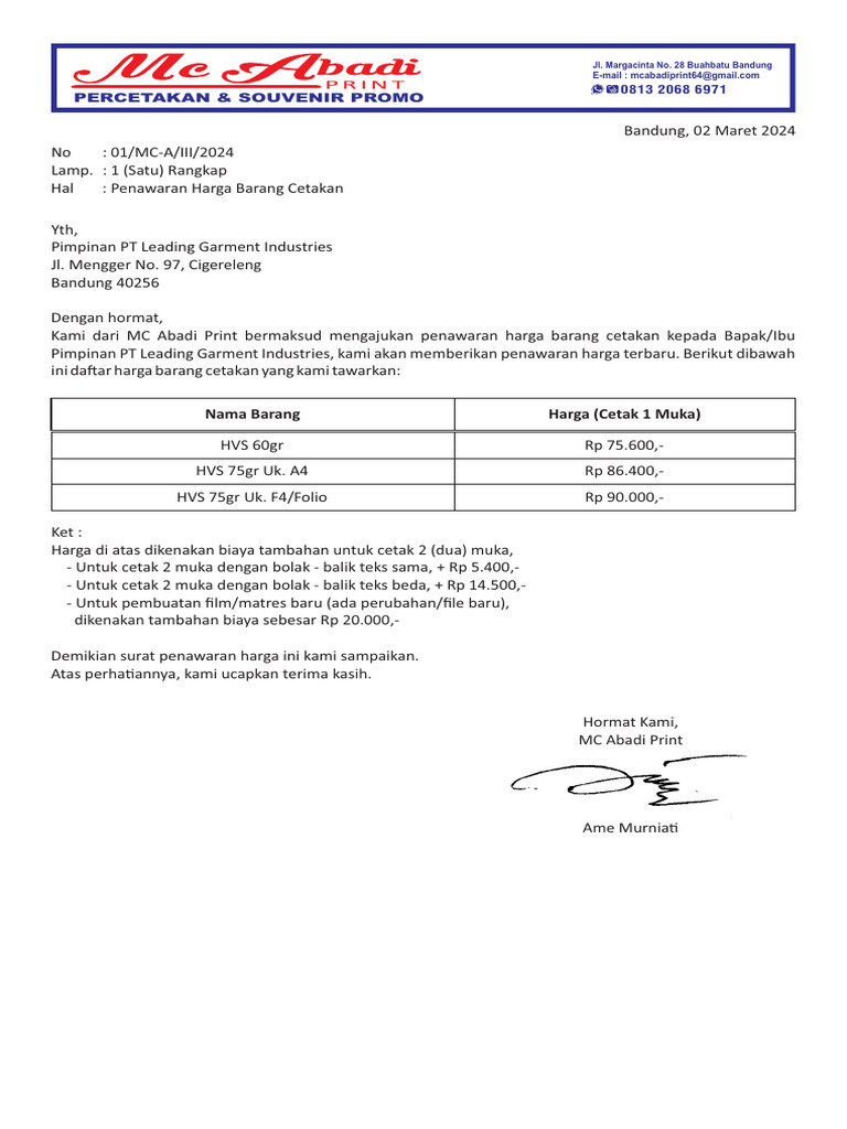 MC Abadi Print - Surat Penawaran Harga | PDF