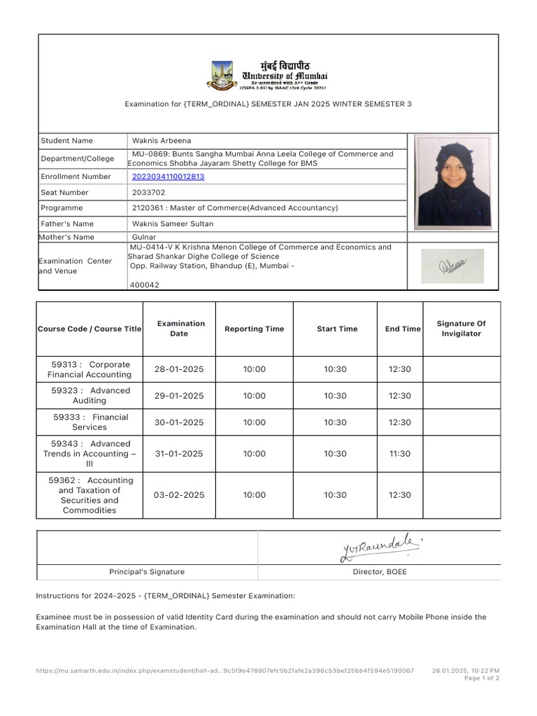 Sem 3 Hall Ticket | PDF