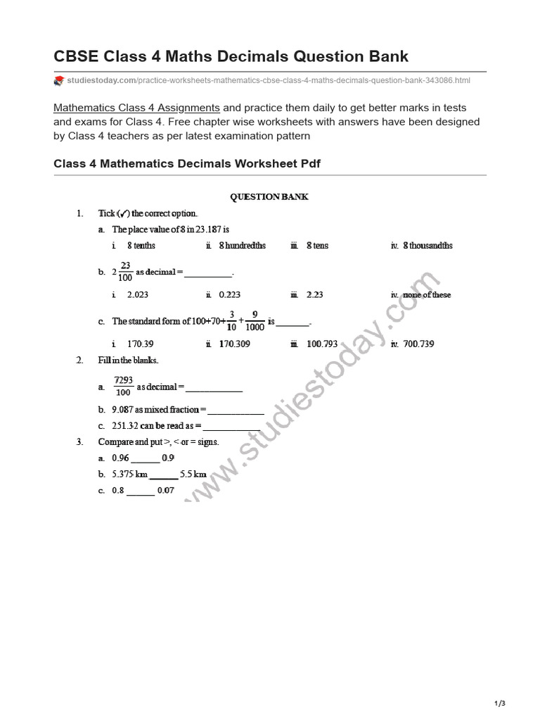 Class 4 Decimals Worksheet PDF | PDF