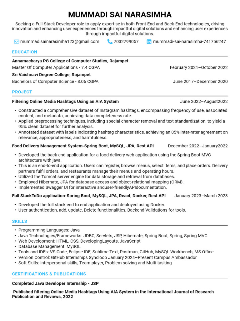 Mummadi Sai Narasimha: Education | PDF | Java (Programming Language) | My Sql