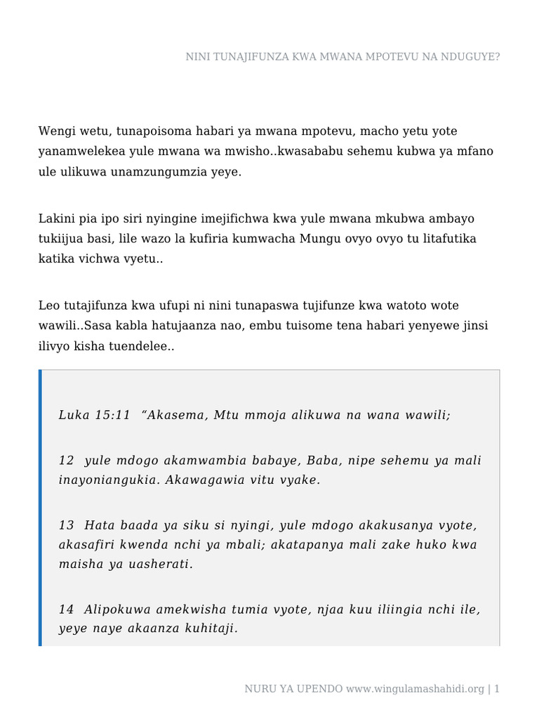 Nini Tunajifunza Kwa Mwana Mpotevu Na Nduguye | PDF