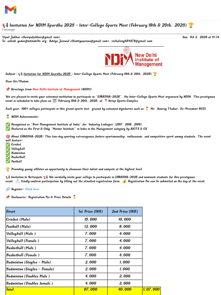 Invitation For NDIM Spardha 2025 - Inter-College Sports Meet (February 19th & 20th, 2025 ...