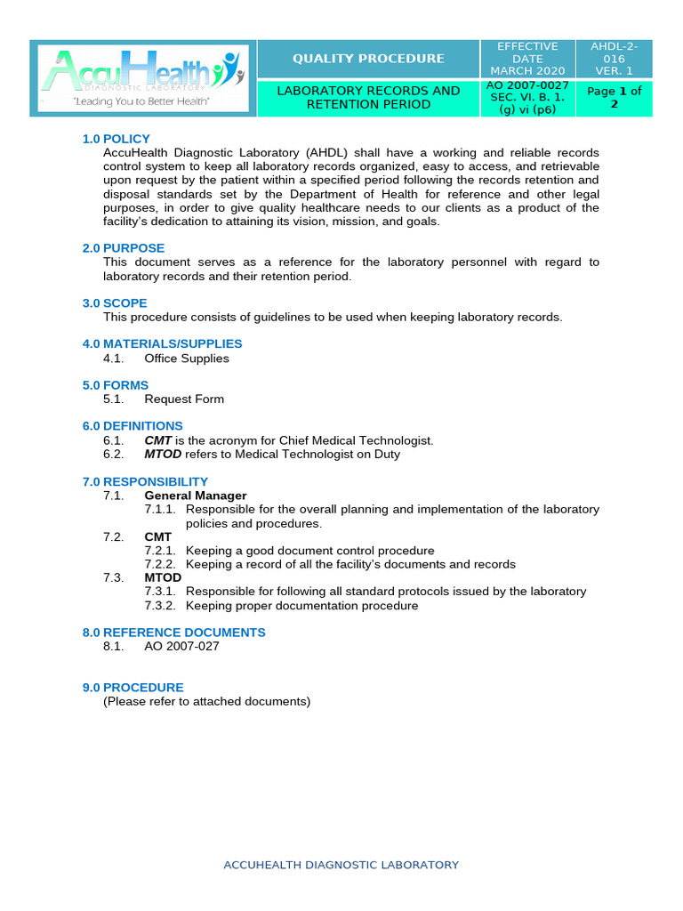 2-016 A. Laboratory records and retention | PDF | Public Services ...