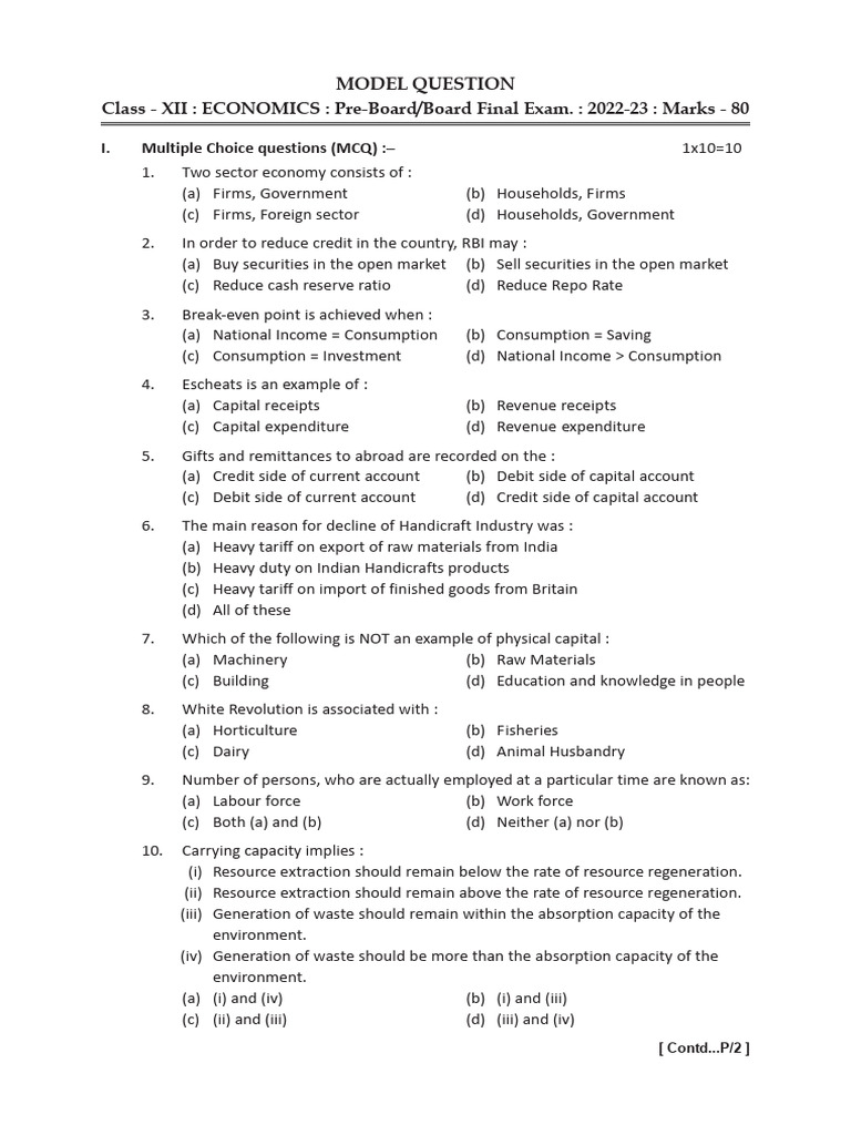 Model Question Class XII - ECONOMICS | PDF | Fiscal Multiplier ...