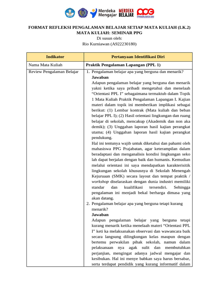Format Refleksi Pengalaman Belajar Setiap Mata Kuliah Seminar PPG PPL 1 | PDF