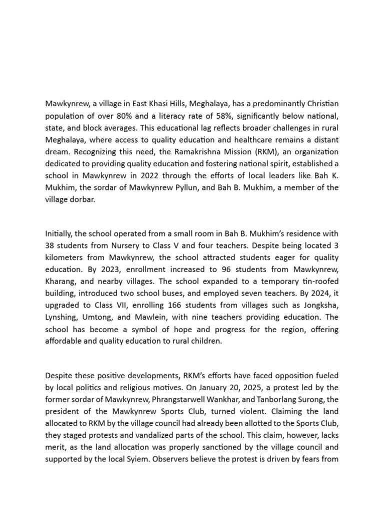Mawkynrew School: Education Amidst Opposition | PDF