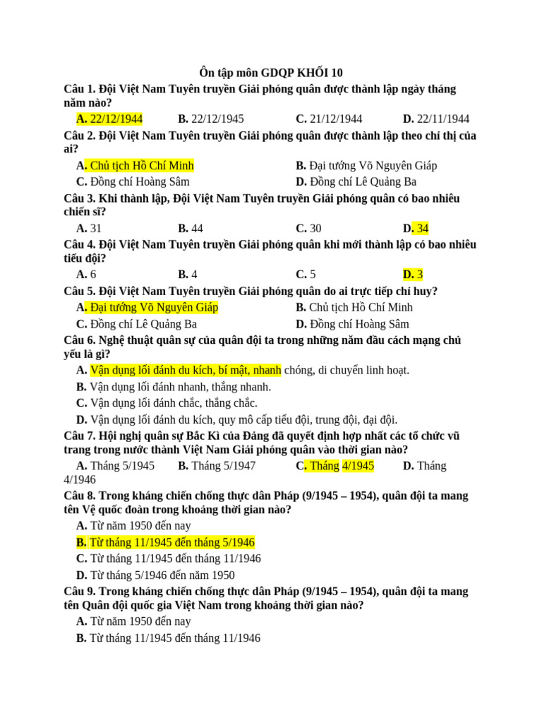 Ôn tập môn GDQP KHỐI 10 | PDF