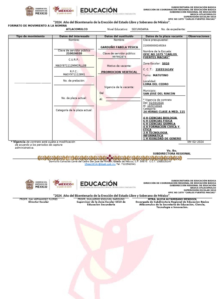 SECUNDARIAS FORMATO DE CUADRO DE MOVIMIENTO A LA NOMINA PRELLENADO | PDF