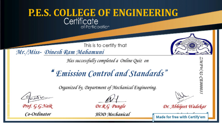 Certificate For Dinesh Ram Mahamuni For - P.E.S. College of Engineeri... | PDF