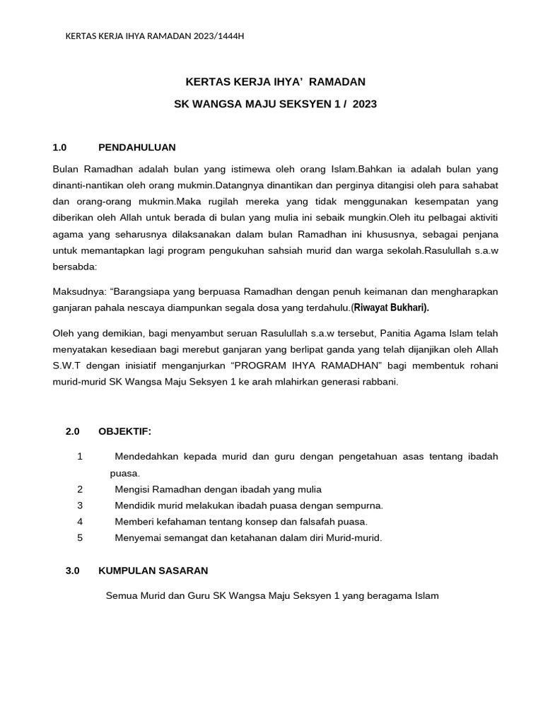 KERTAS KERJA IHYA RAMADHAN 2023 Terkini | PDF