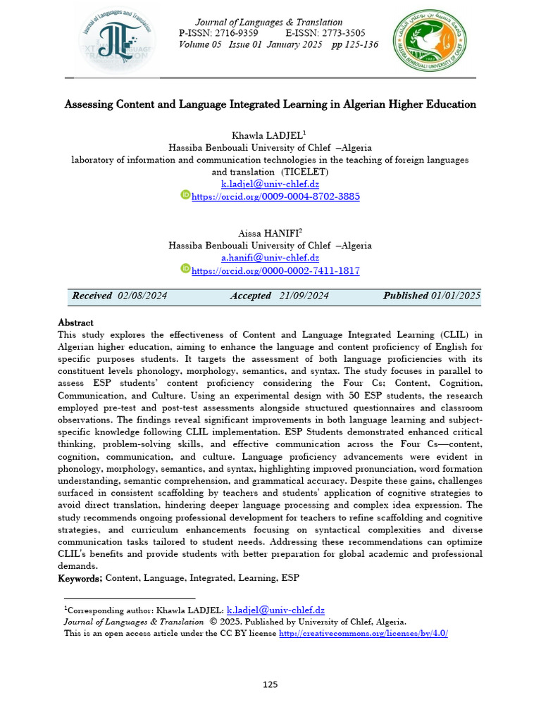 10 Assessing Content and Language Integrated Learning in Algerian Higher Education | PDF ...