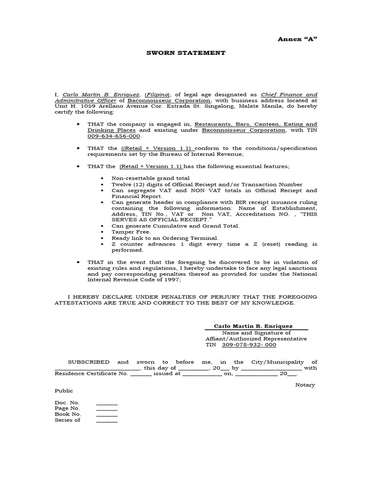 BIR - Sworn Statement Annex A | PDF | Receipt