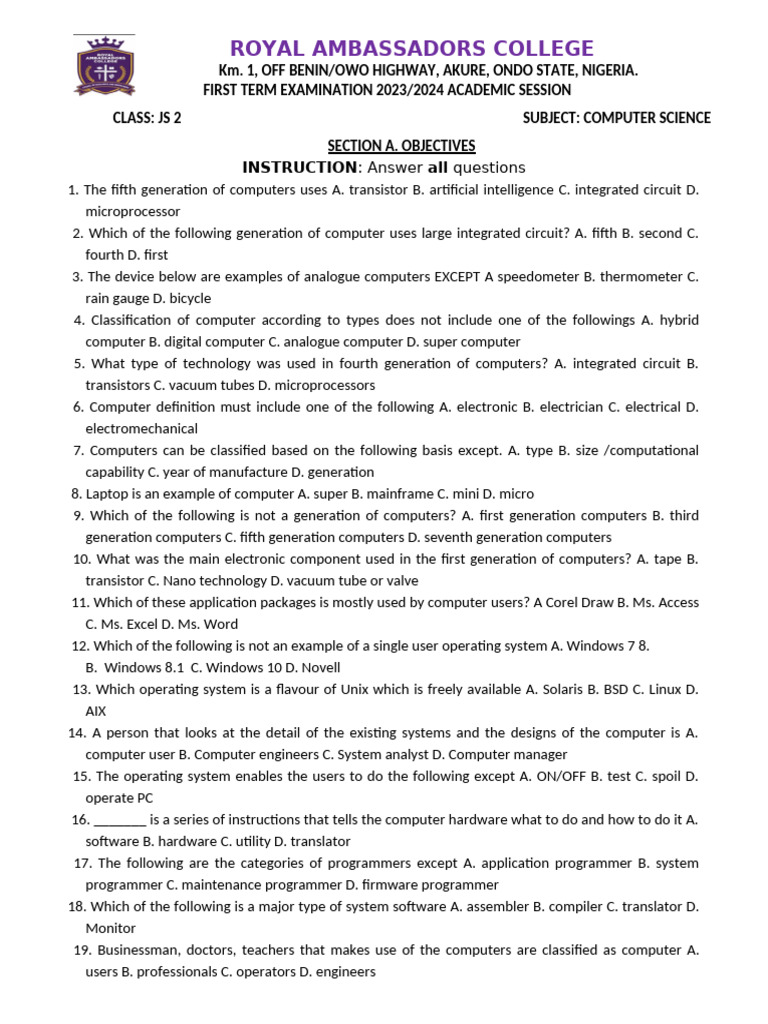 JSS2 COMPUTER | PDF | Computer Architecture | Computer Engineering