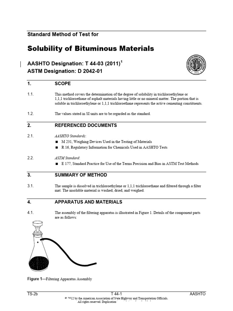 AASHTO T44-03 (R2011) Standard Method of Test For Solubility of ...