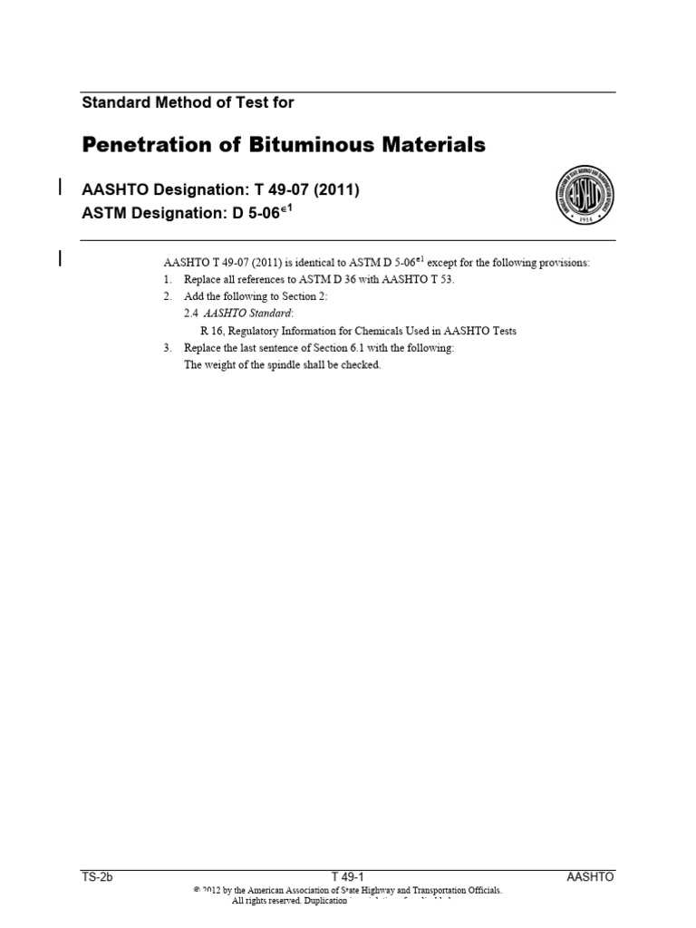 AASHTO T49-07 (R2011) Standard Method of Test For Penetration of ...
