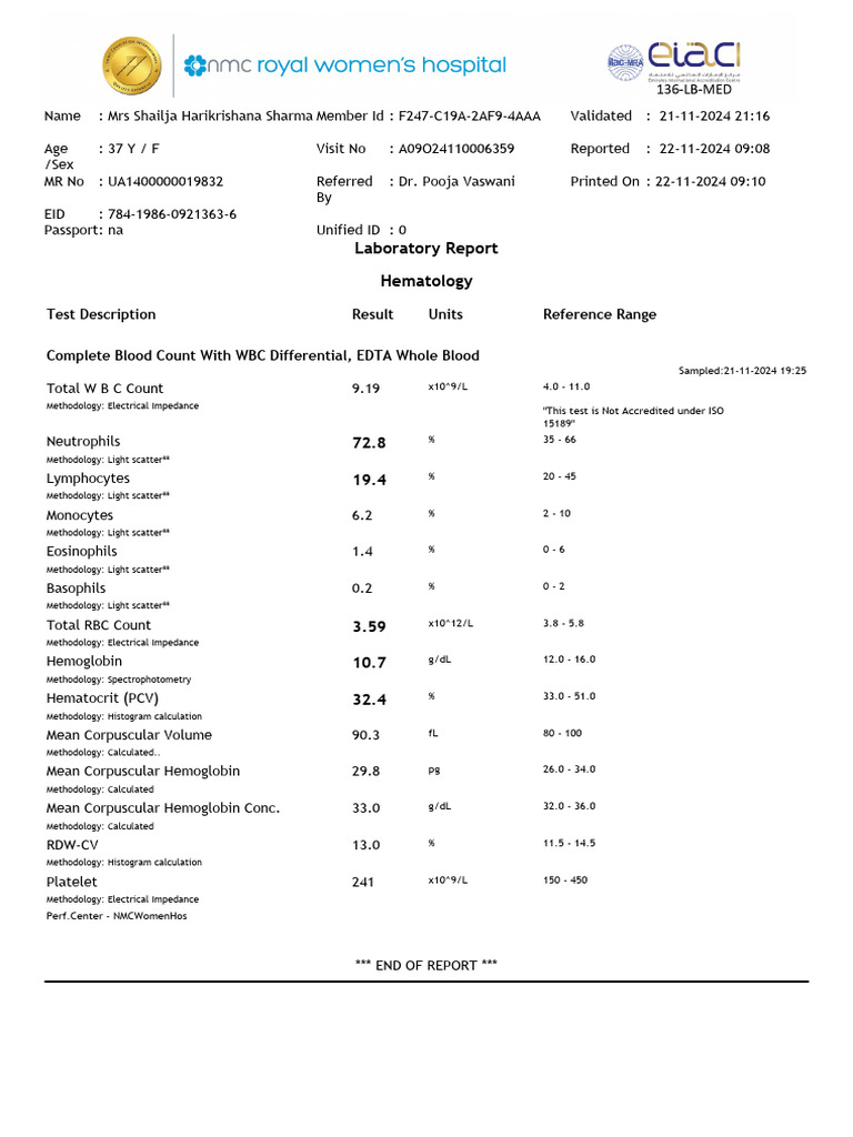 Complete Blood Count With WBC Differential, EDTA Whole Blood | PDF ...