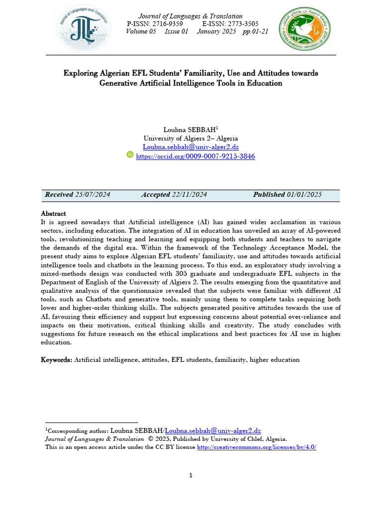 01 Exploring Algerian EFL Students' Familiarity, Use and Attitudes Towards Generative Artificial ...