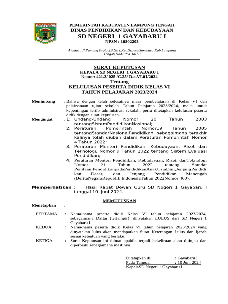 SK Kelulusan Sekolah TP 2023-2024 | PDF