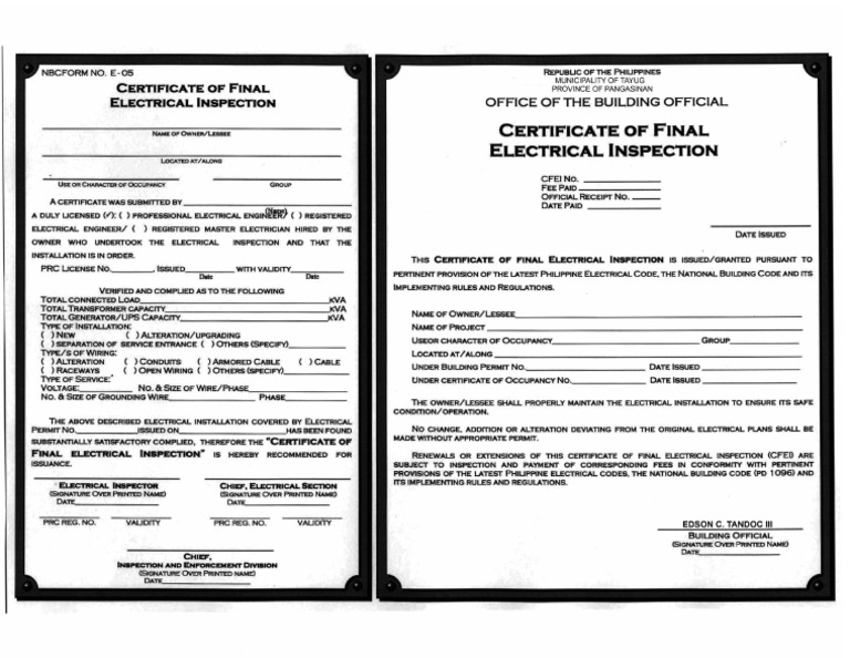 Certificate of Final Electrical Inspection | PDF
