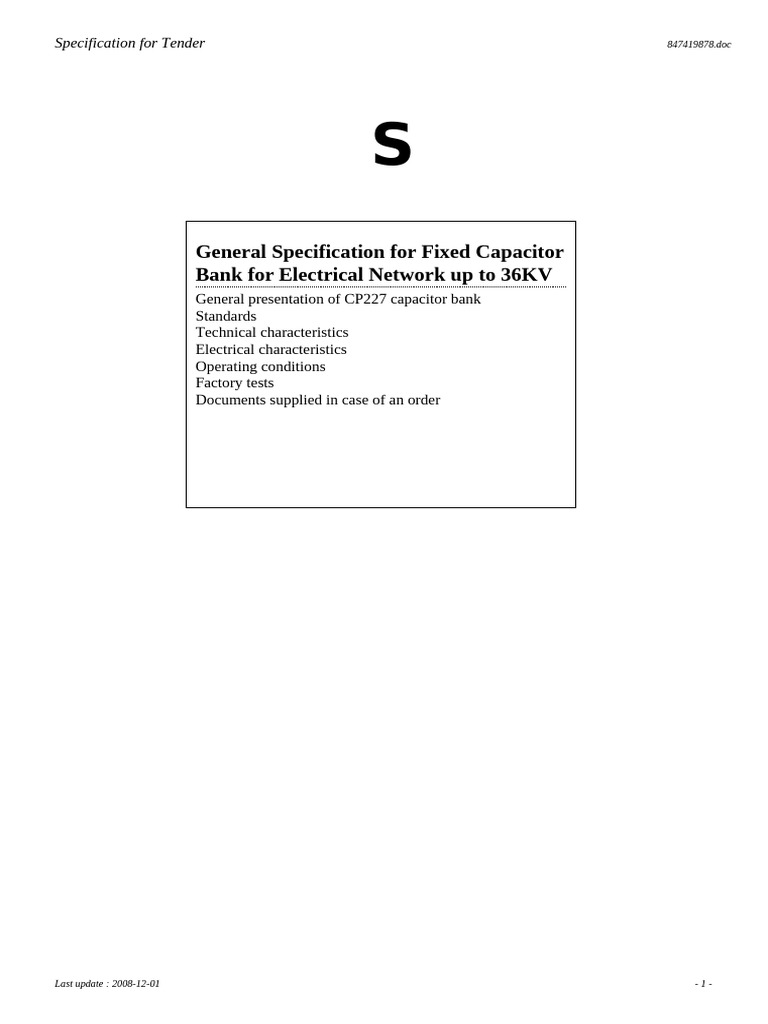 Fixed Capacitor Bank 36kv Specv2 | PDF | Capacitor | Inductor