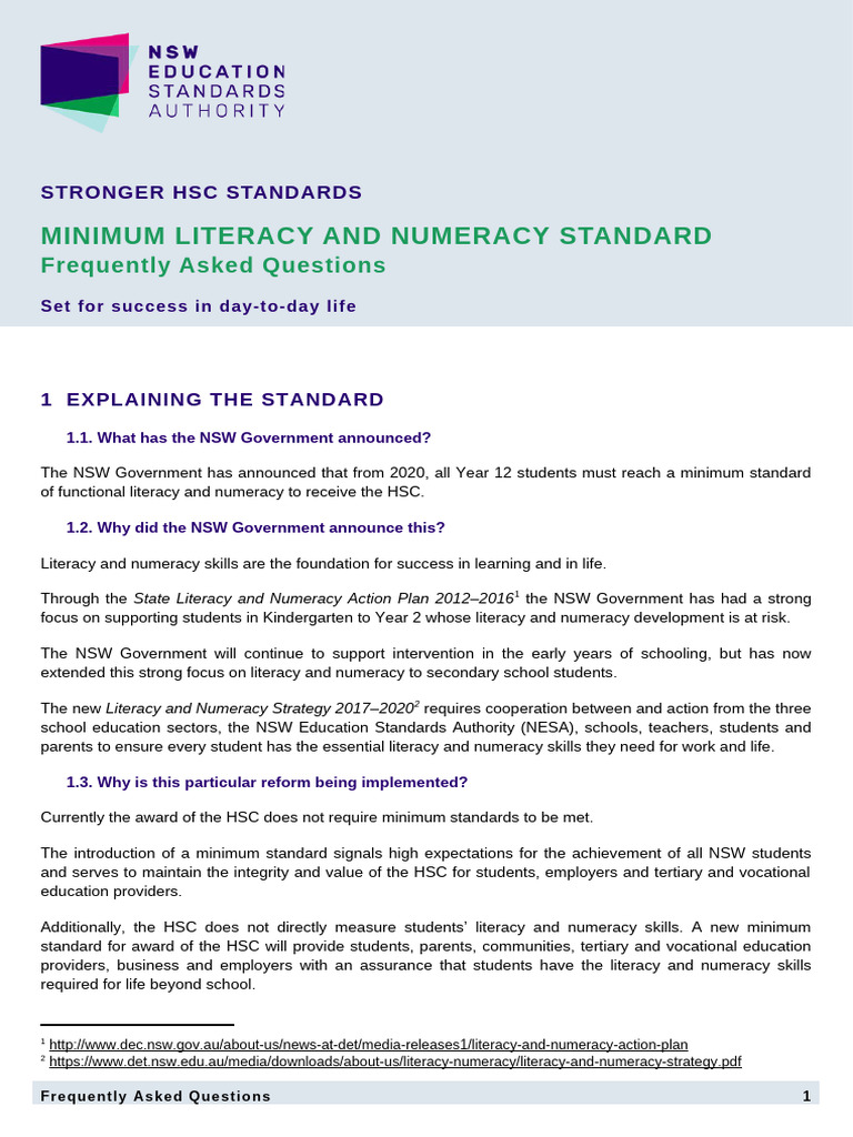 Stronger HSC Standards - Minimum Standard For Literacy and Numeracy - FAQs | PDF | Educational ...