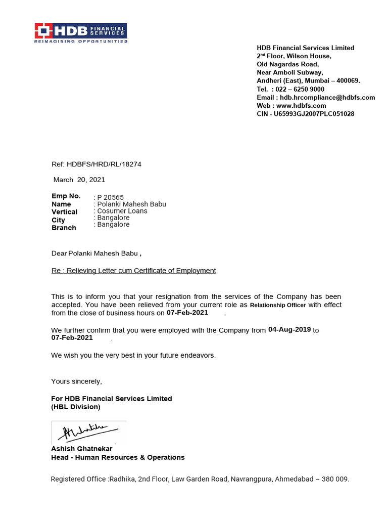 HDB Financial Services Relieving Letter | PDF