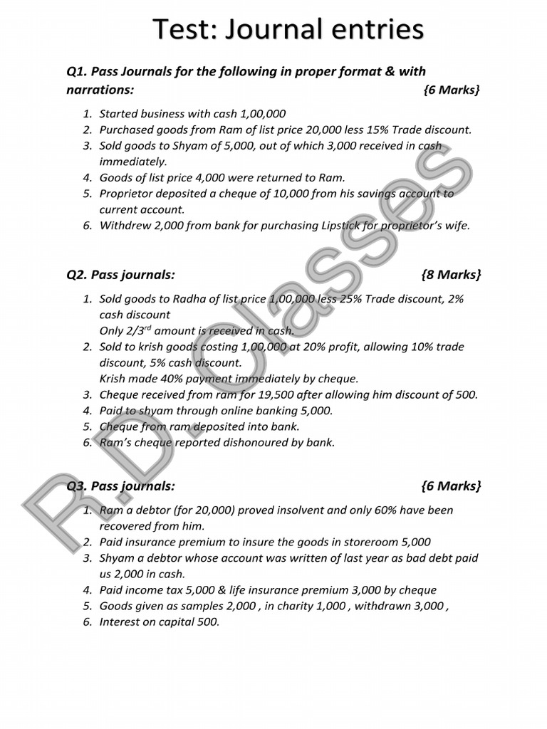 Journal Entries Test.rd Classes | PDF