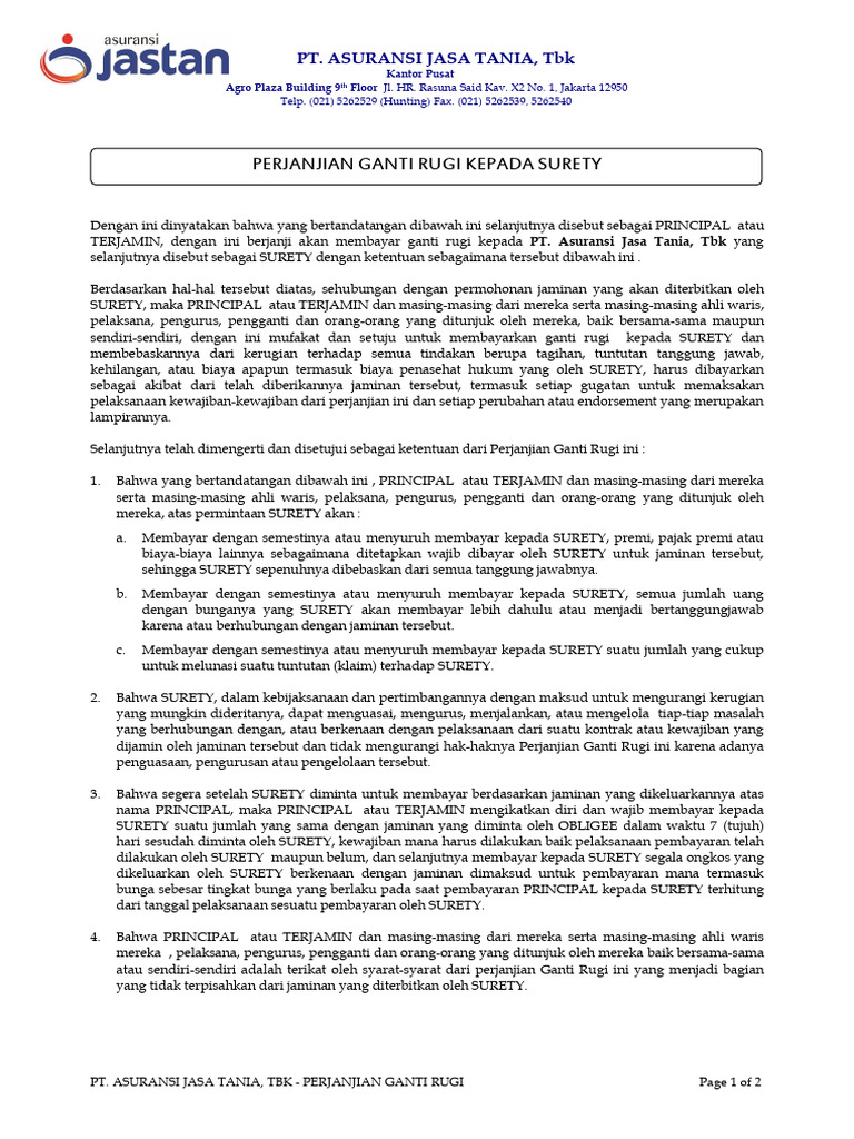 Perjanjian Ganti Rugi PT Asuransi Jasa Tania | PDF