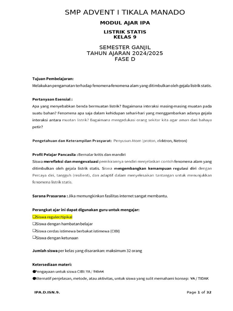 Modul Ajar Listrik Statis Kelas 9 | PDF