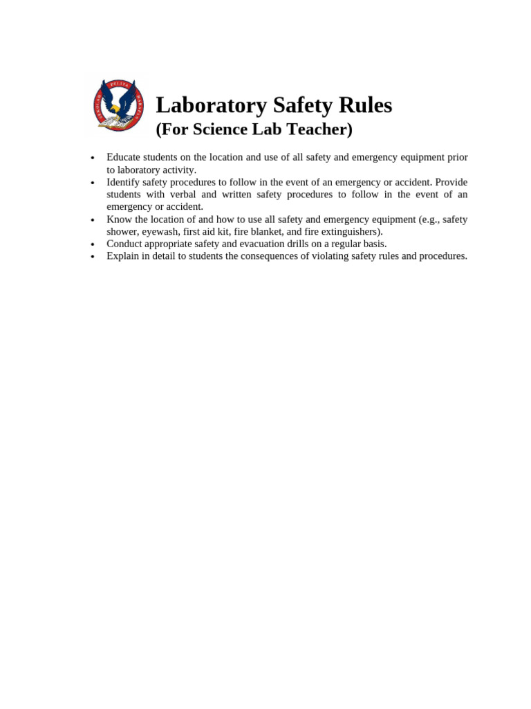 Laboratory Safety Rules (For Sci Lab Teacher) | PDF