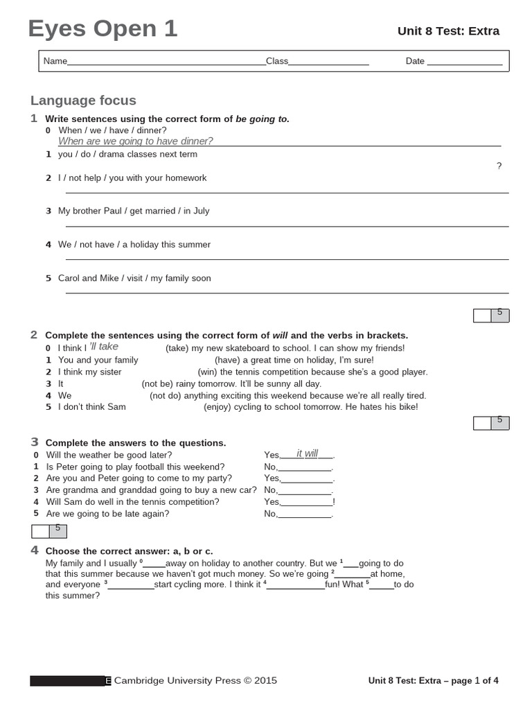 Unit 8 Test: Extra for Eyes Open 1 | PDF