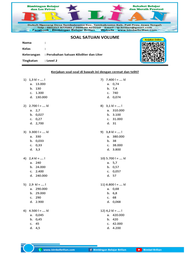 Soal Perubahan Satuan Kiloliter dan Liter Level 2 (www.bimbelbrilian ...