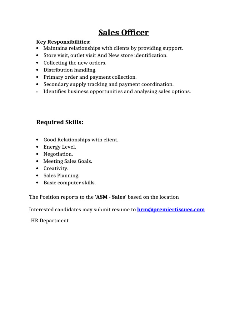 Sales Officer Job Description and Skills | PDF