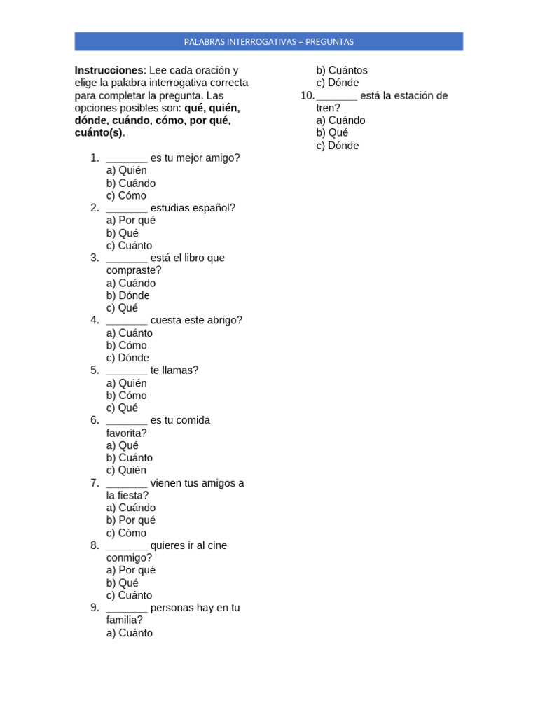 Ejercicios PALABRAS INTERROGATIVAS | PDF