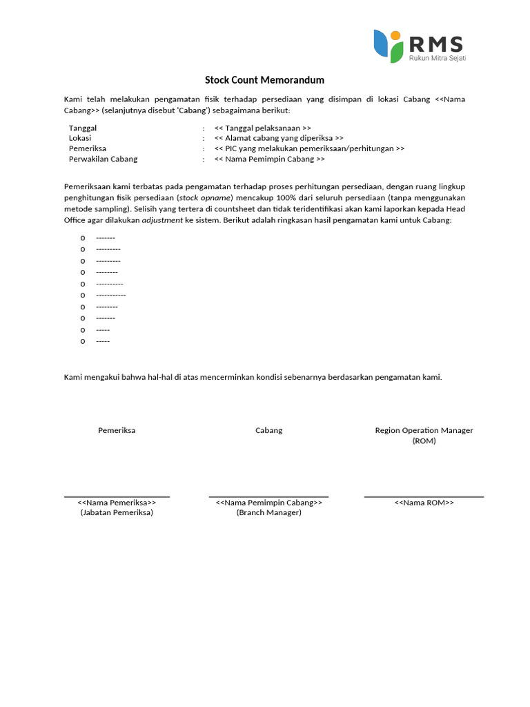 Stock Count Memorandum (Tamplate) | PDF