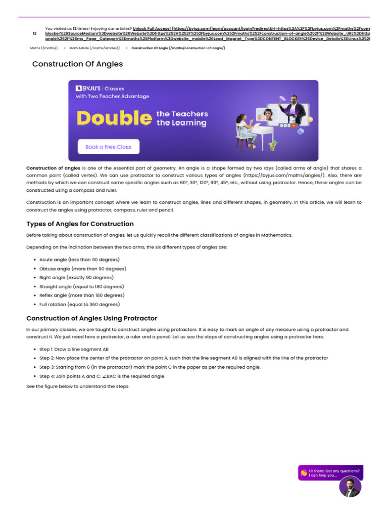 Construction of Angles Using Protractor and Compass (Examples) | PDF | Angle | Geometric Measurement