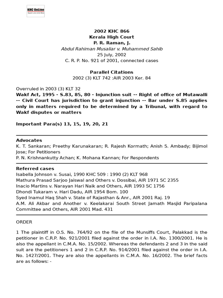 Abdul Rahiman Musaliar v. Muhammed Sahib | PDF | Lawsuit | Leasehold Estate
