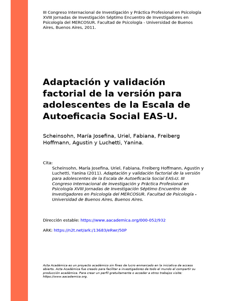Scheinsohn, María Josefina, Uriel, (...) (2011). Adaptación y validación factorial de la versión ...