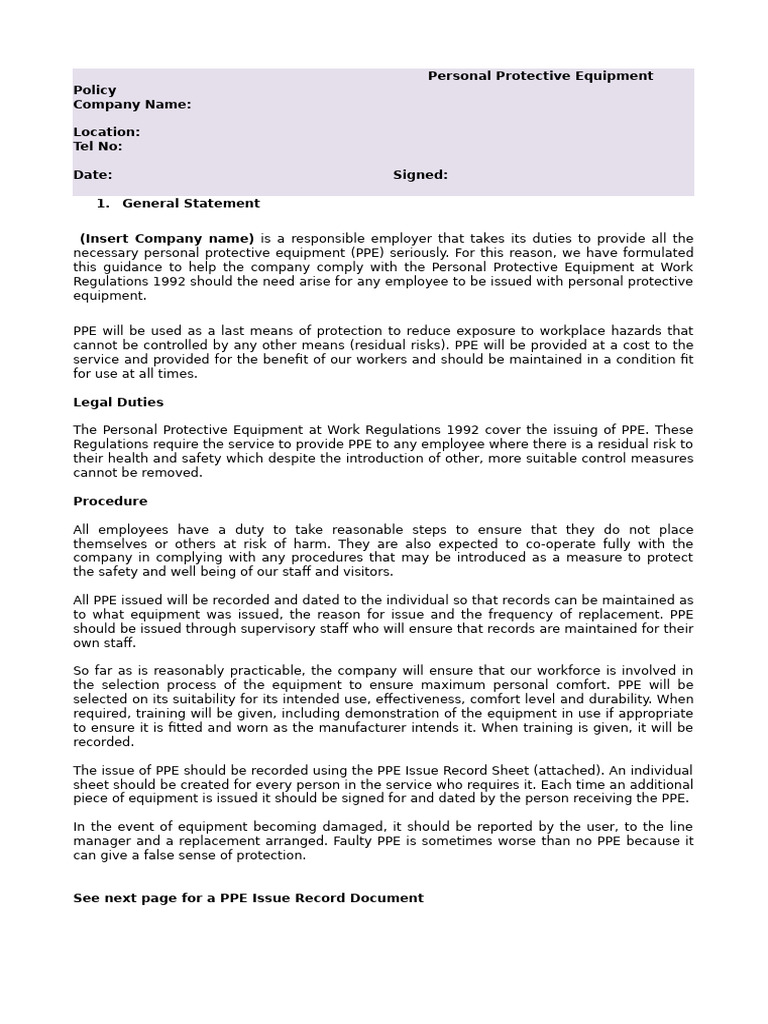 Personal Protective Equipment Policy Template | PDF | Personal ...