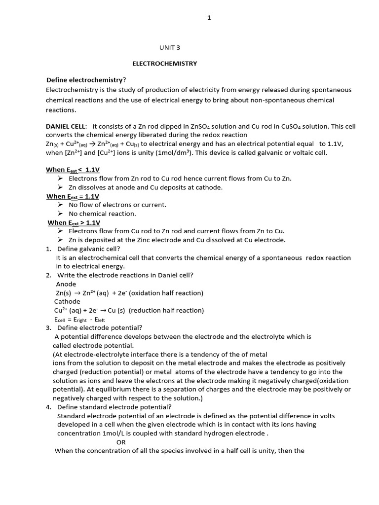 Unit 3 Electrochemistry -Fausiya | PDF | Electrochemistry | Electrode