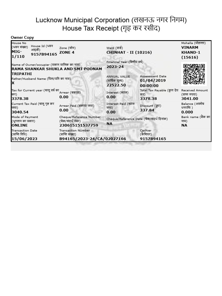 Lucknow Municipal Corporation House Tax Receipt : Owner | PDF