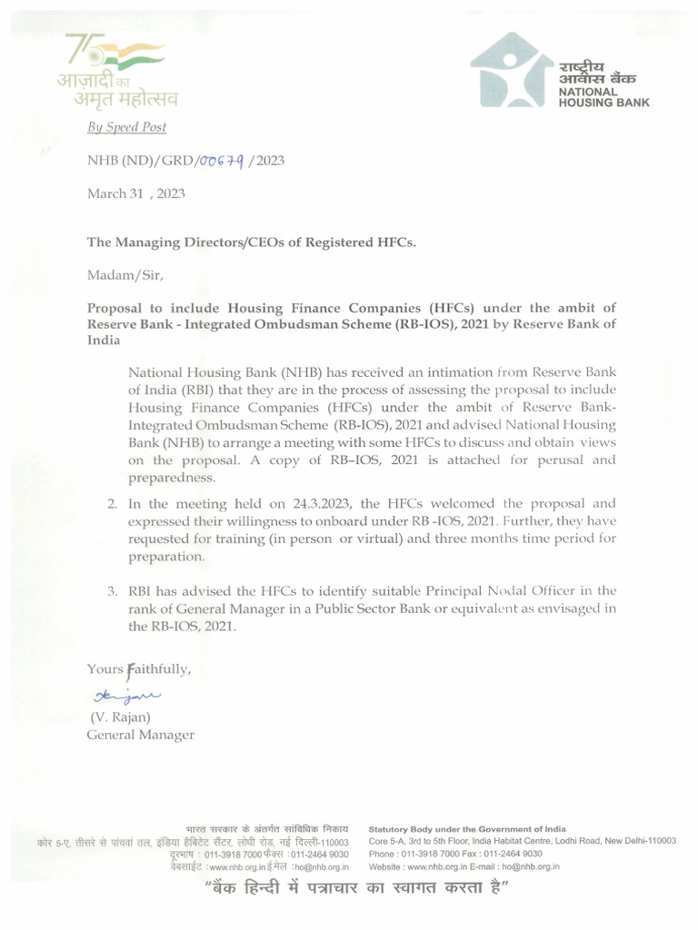 2023 - NHB Letter - Applicability of RBI Integrated Ombudsman Scheme ...