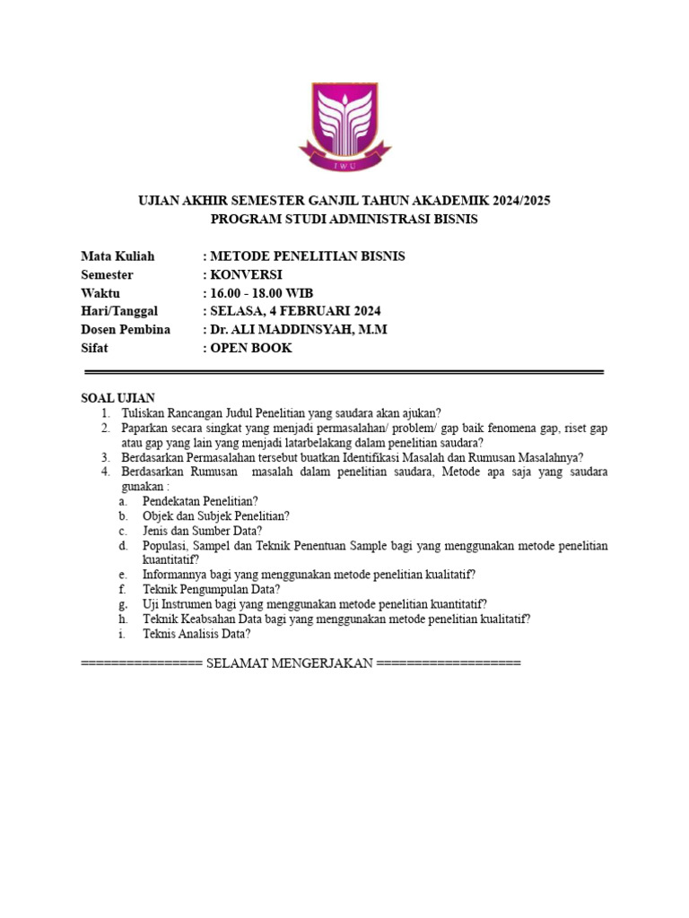 Uas Metlit Bisnis Abi_smt Ganjil 2024-2025 | PDF