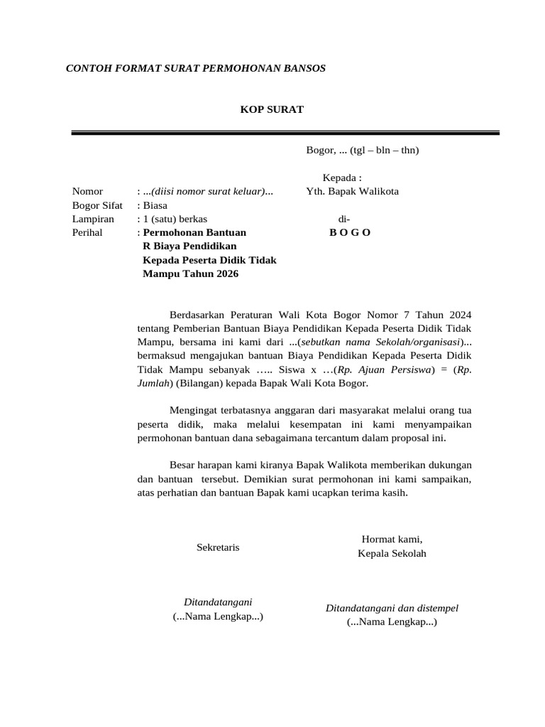 CONTOH FORMAT SURAT PERMOHONAN BANSOS 2025.docx | PDF