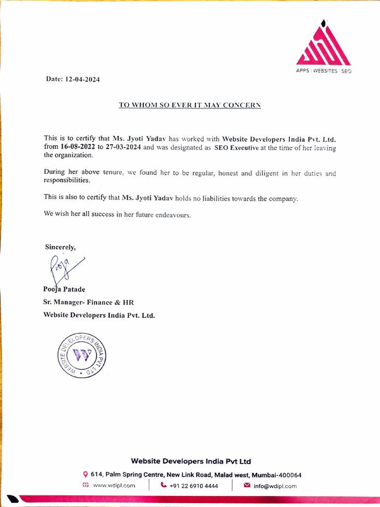 Jyoti Yadav Experience Letter. | PDF