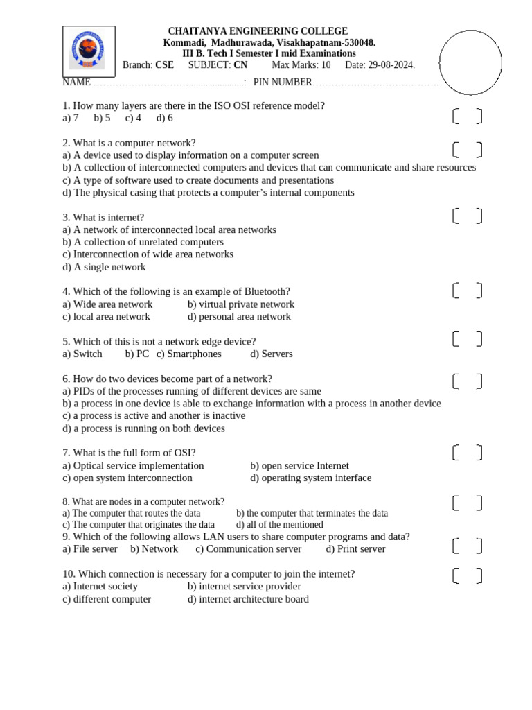 CN MCQ 1 Bit Paper PDF Computer Network Network Topology