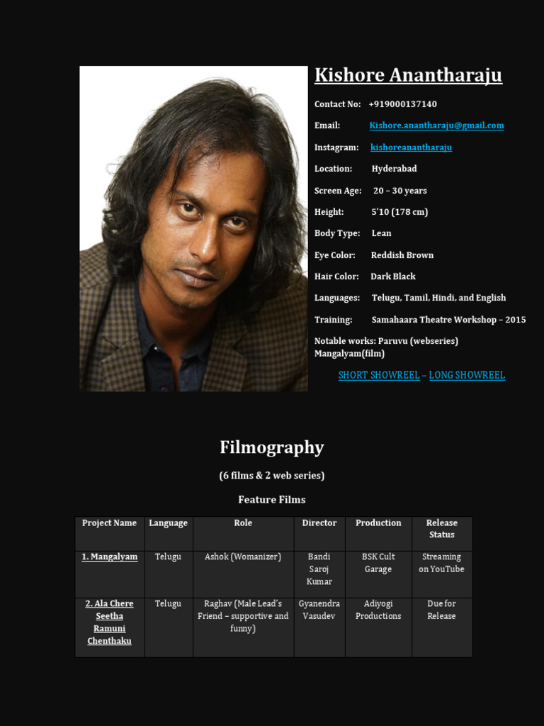 Kishore_Anantharaju_Actor_Profile_2025 | PDF